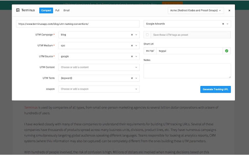 Terminus UTM Builder สำหรับ Google Chrome - ส่วนขยาย ดาวน์โหลด