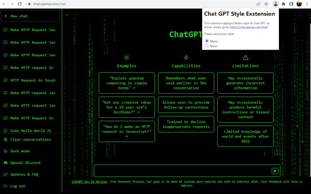 Chat GPT Cyber/Matrix style para Google Chrome - Extensión Descargar