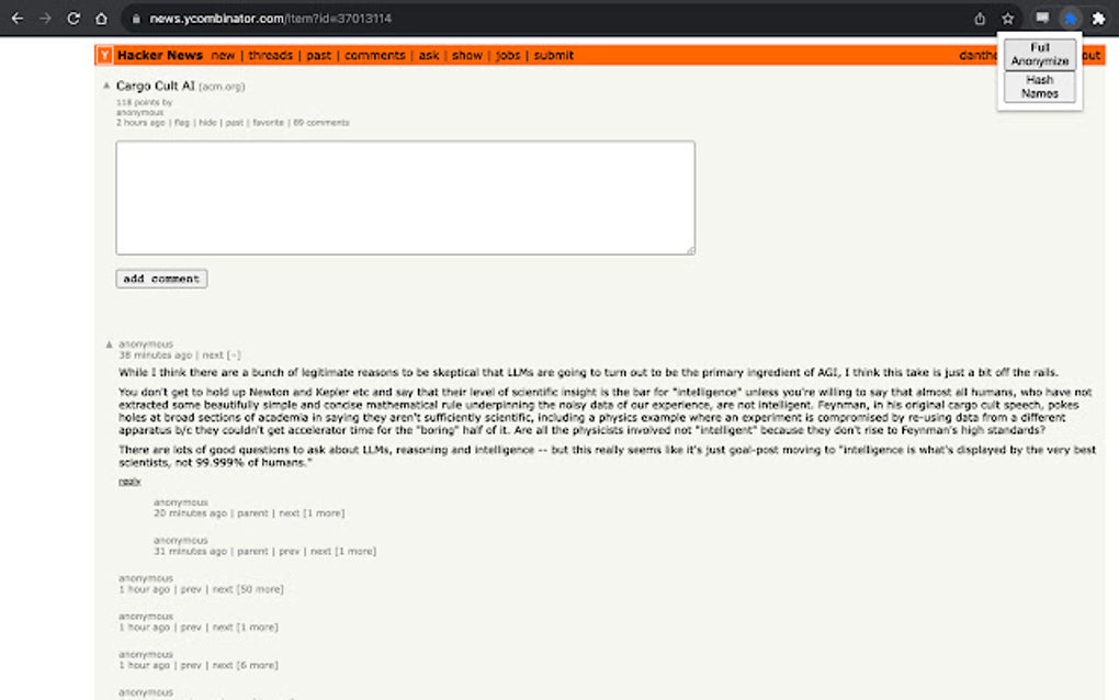 Anonymize HN Google Chrome 용 - 확장 프로그램 다운로드