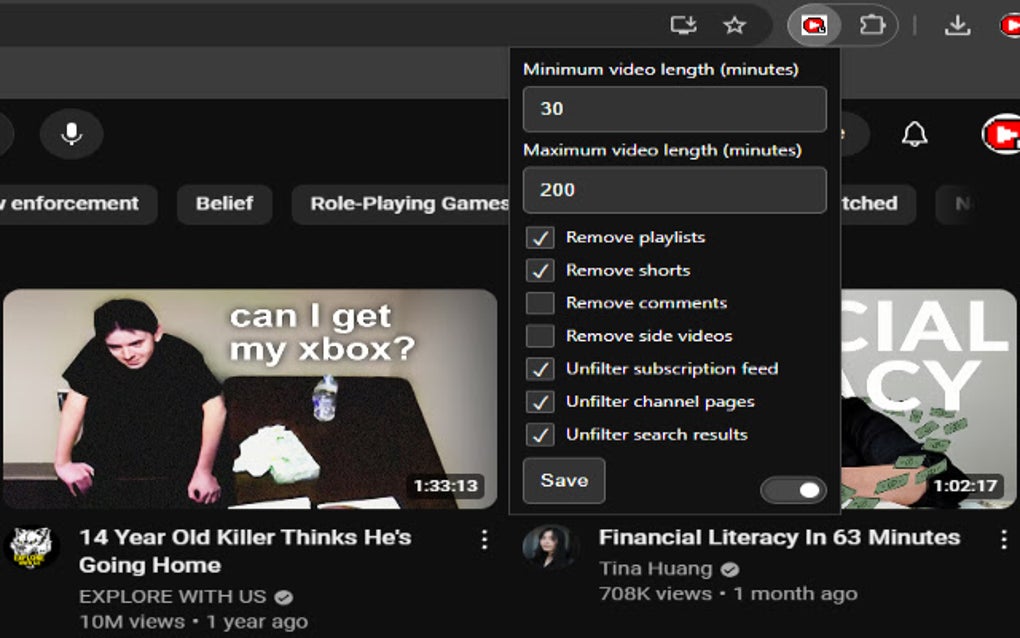 YouTube Video Duration Filter Google Chrome 용 - 확장 프로그램 다운로드