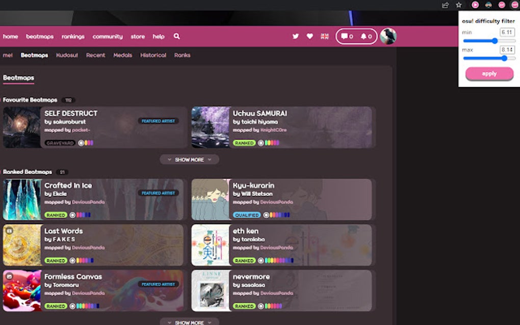 osu! difficulty filter Google Chrome 용 - 확장 프로그램 다운로드