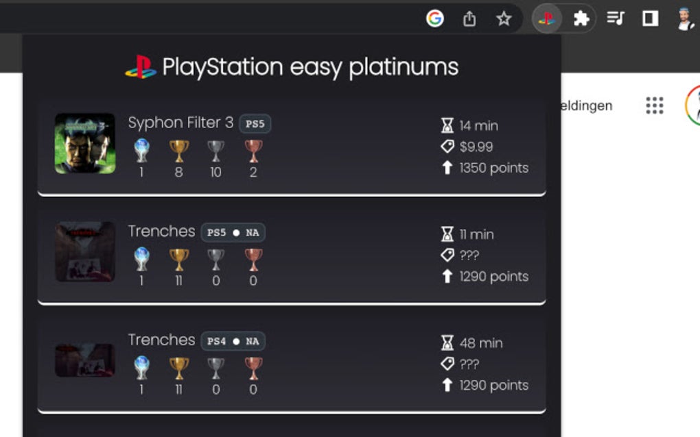 PlayStation easy platinum trophies for Google Chrome - Extension Download
