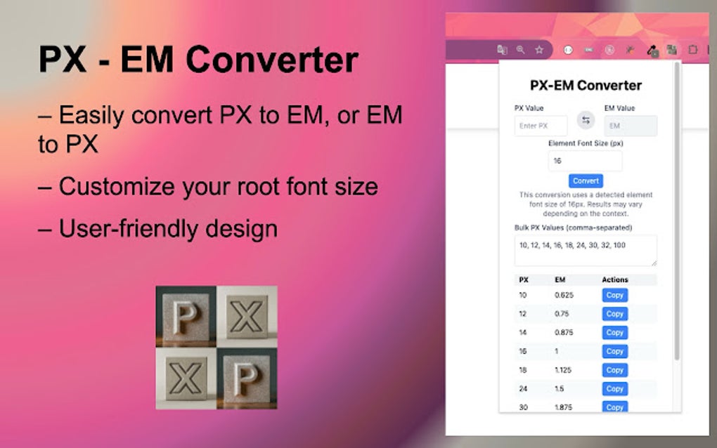 PX - EM Converter Google Chrome 용 - 확장 프로그램 다운로드