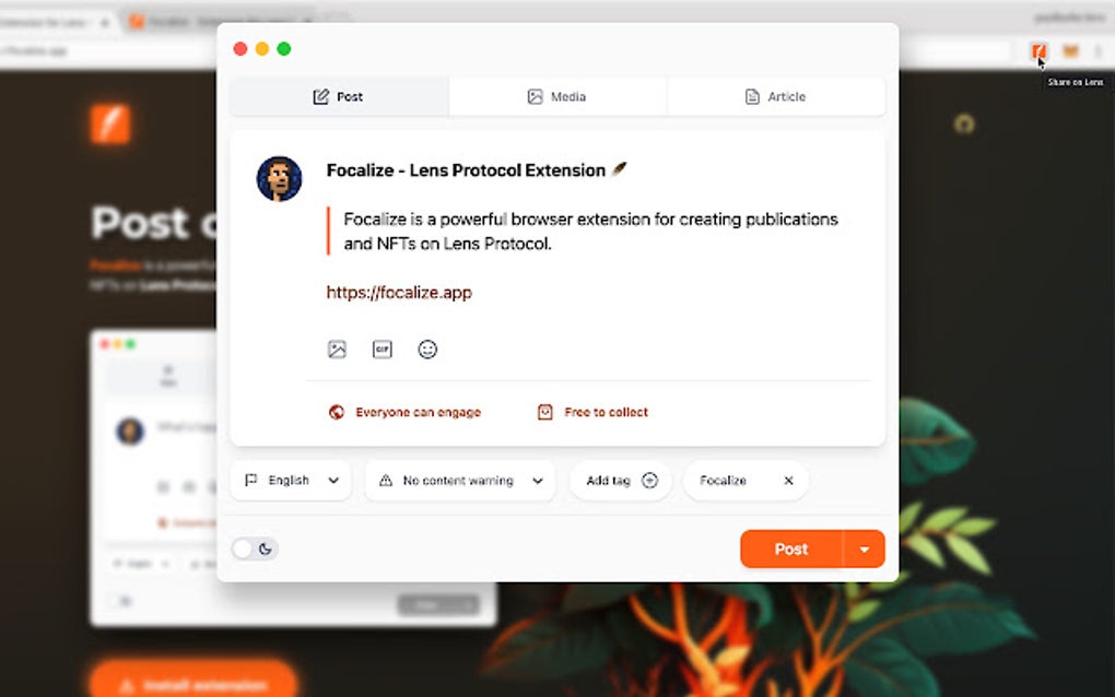 Focalize - Post on Lens Protocol para Google Chrome - Extensión Descargar