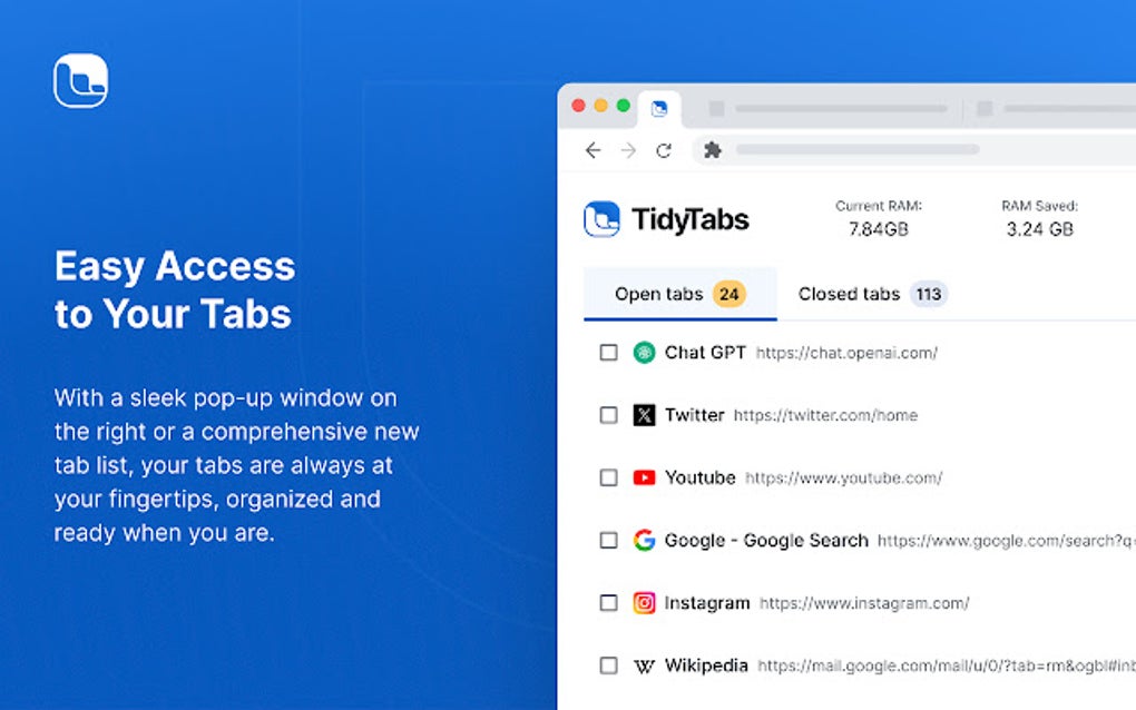 TidyTabs Google Chrome 용 - 확장 프로그램 다운로드