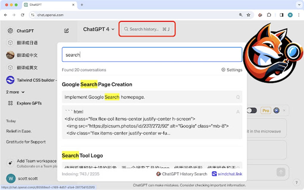 ChatGPT Conversation History Search para Google Chrome - Extensión Descargar
