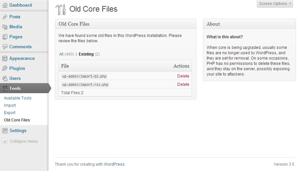 Old Core Files สำหรับ WordPress - ดาวน์โหลด