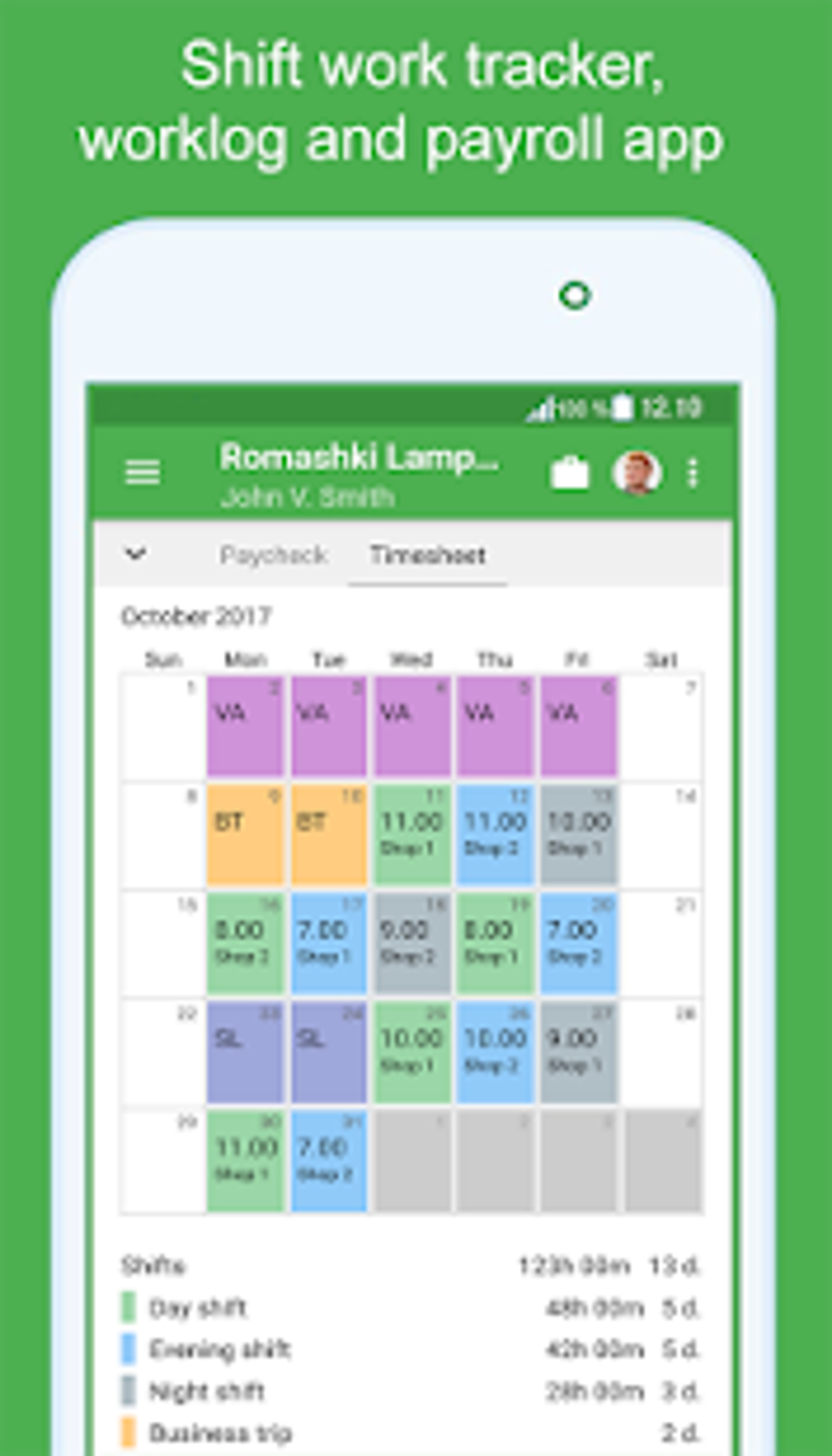 Green Timesheet - shift work log and payroll app для Android — Скачать