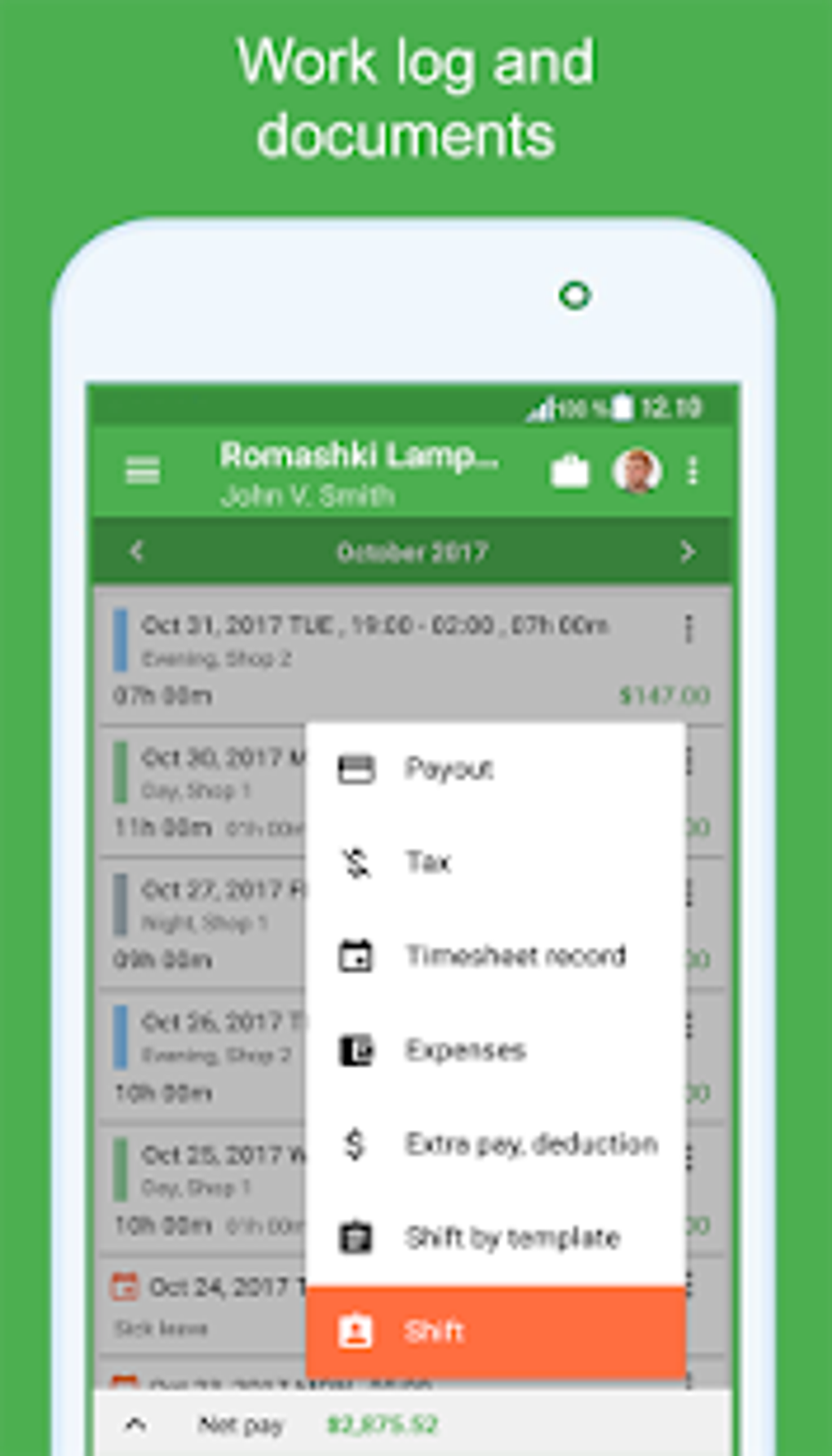 Green Timesheet - shift work log and payroll app для Android — Скачать
