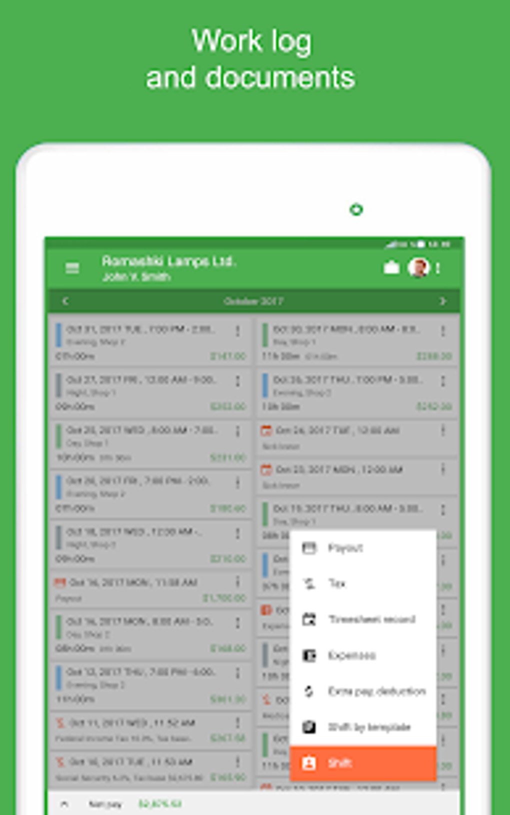 Green Timesheet - shift work log and payroll app для Android — Скачать