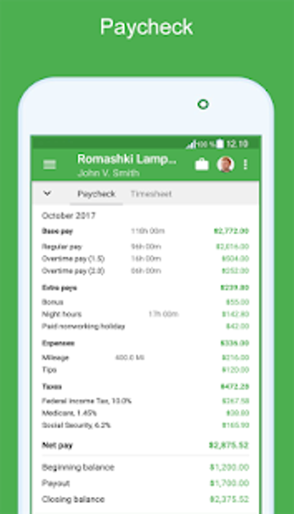 Green Timesheet - shift work log and payroll app для Android — Скачать