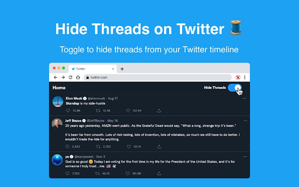 No More Threads - Hide Twitter Threads Google Chrome 용 - 확장 프로그램 다운로드 No More Threads - Hide Twitter Threads Google Chrome 용 - 확장 프로그램 다운로드