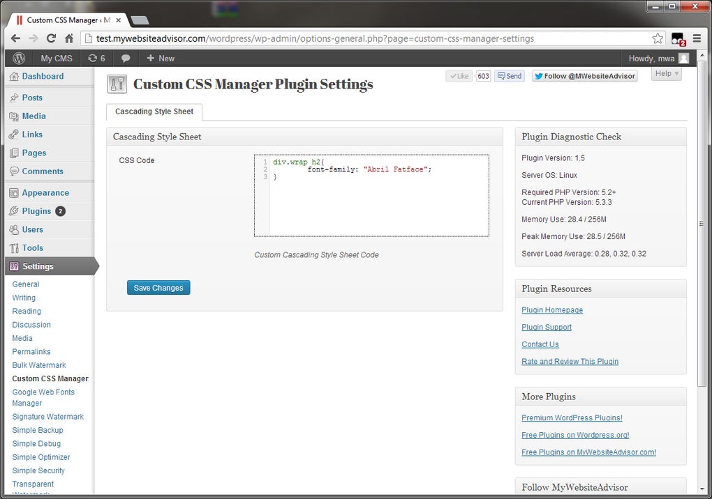 WordPress 용 Custom CSS Manager - 다운로드