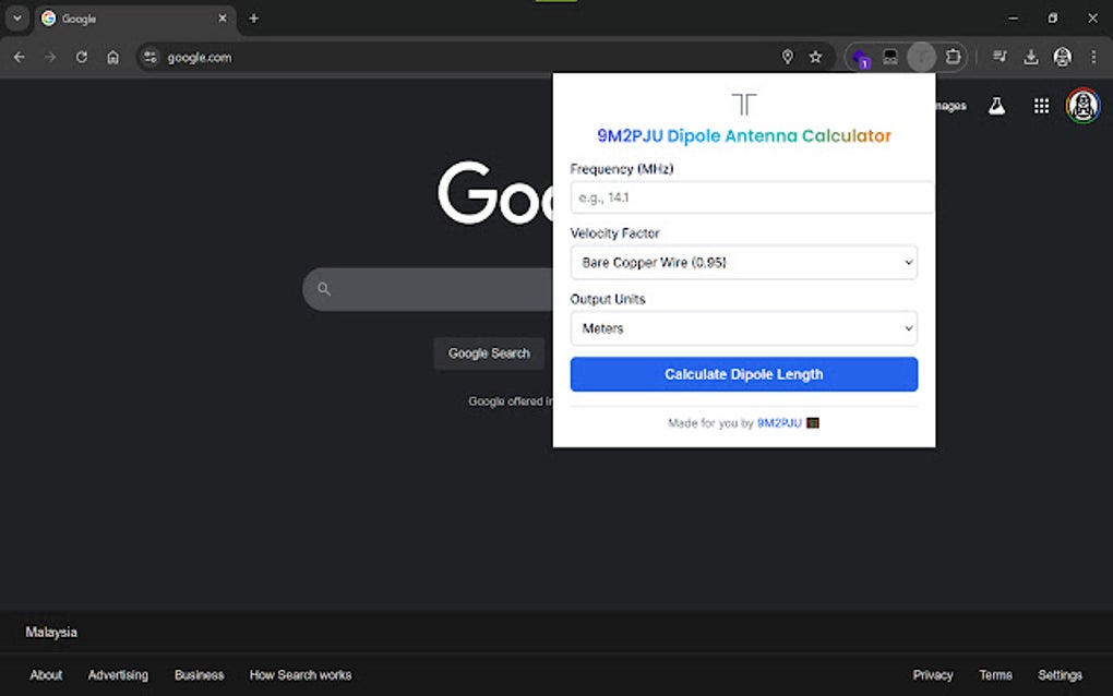 9M2PJU Dipole Antenna Calculator cho Google Chrome - Tiện ích mở rộng Tải về