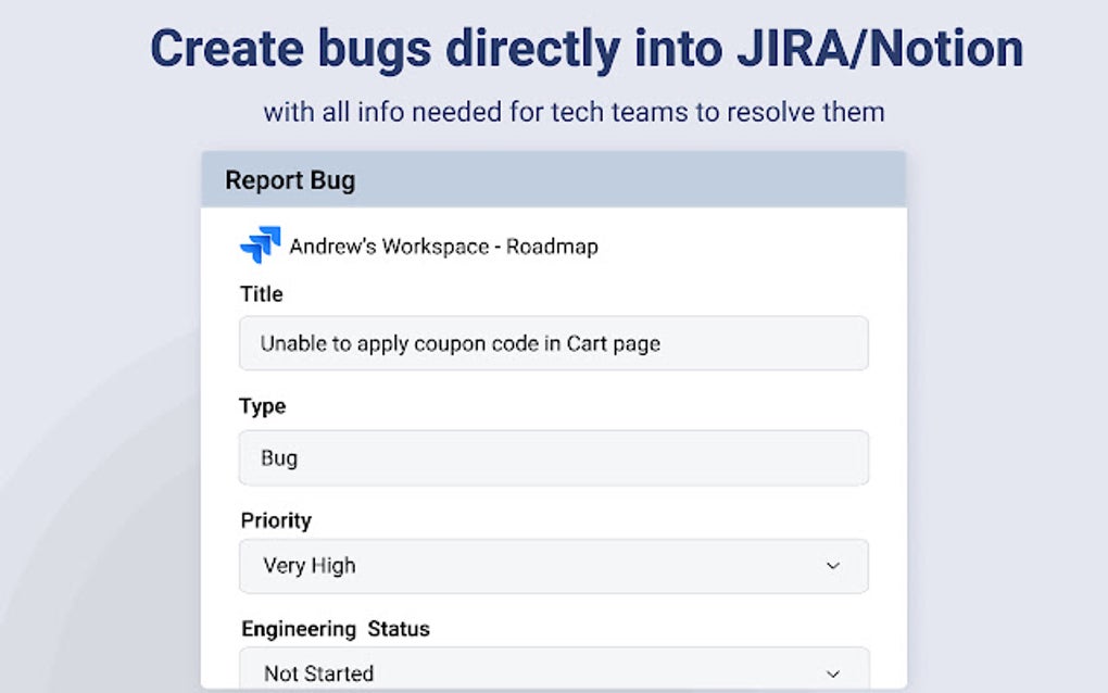 Bugira - Bug Reporter for Jira & Notion para Google Chrome - Extensão ... Bugira - Bug Reporter for Jira & Notion para Google Chrome - Extensão ...
