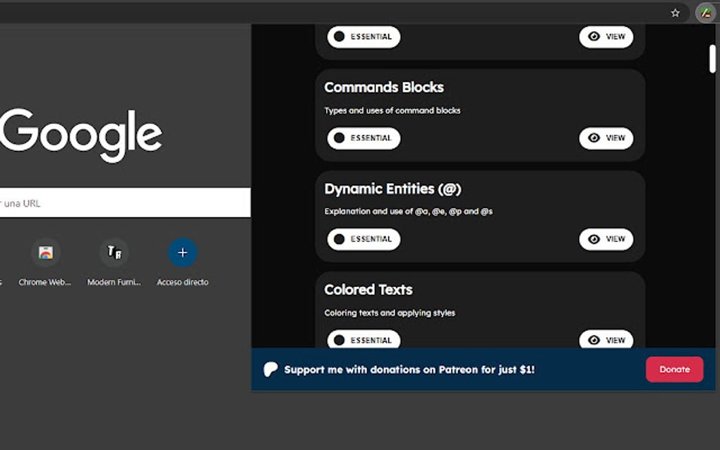 Minecraft Commands Guide Google Chrome 용 - 확장 프로그램 다운로드