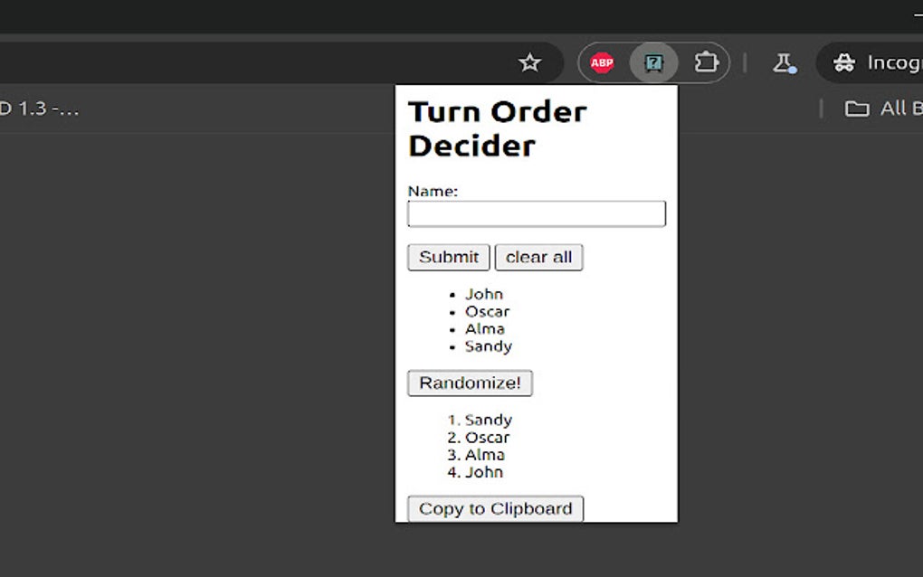 Simple Turn Order Decider Google Chrome 용 - 확장 프로그램 다운로드