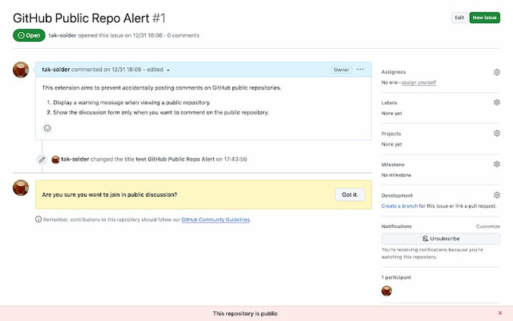 GitHub Public Repo Alert para Google Chrome - Extensión Descargar