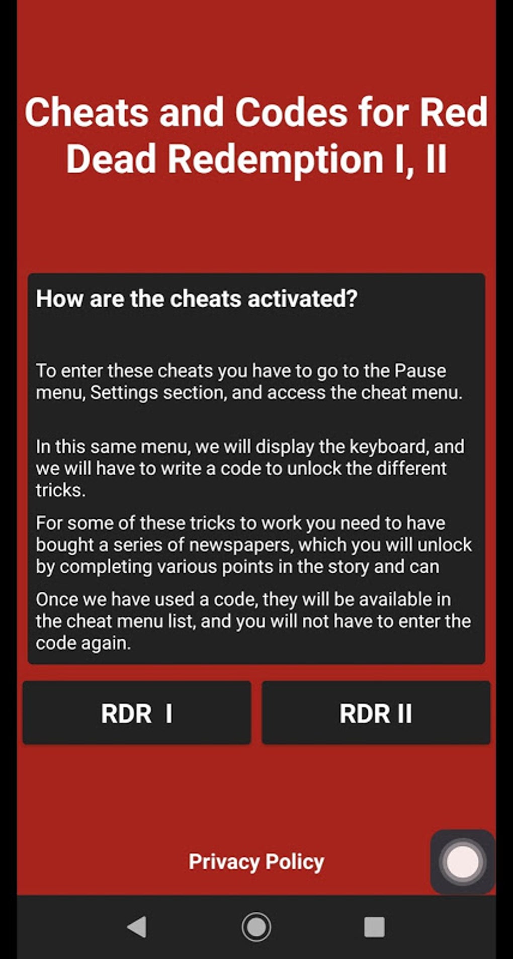 Cheats and Codes for RDR I & II (Unofficial) APK para Android - Descargar