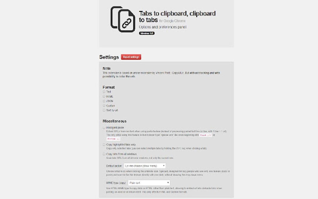 Tabs to clipboard, clipboard to tabs para Google Chrome - Extensión Descargar