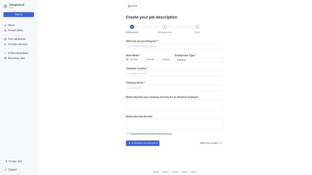 AI 비즈니스를 위한 Hiringtools Create Job Description - 리뷰, 기능 및 사용 사례