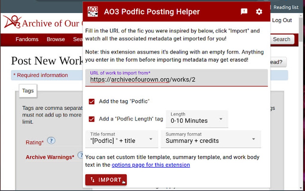 AO3 Podfic Posting Helper for Google Chrome - Extension Download