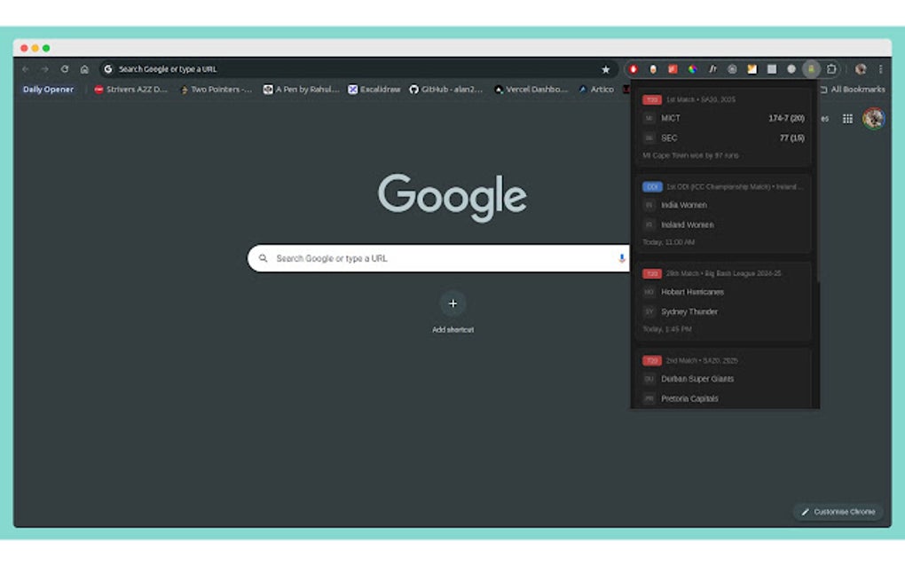 Cricket Score Bar Google Chrome 용 - 확장 프로그램 다운로드