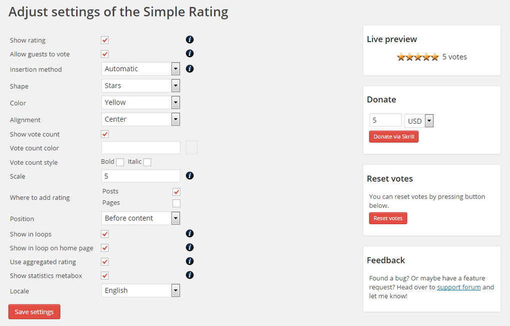 WordPress 용 Simple Rating - 다운로드