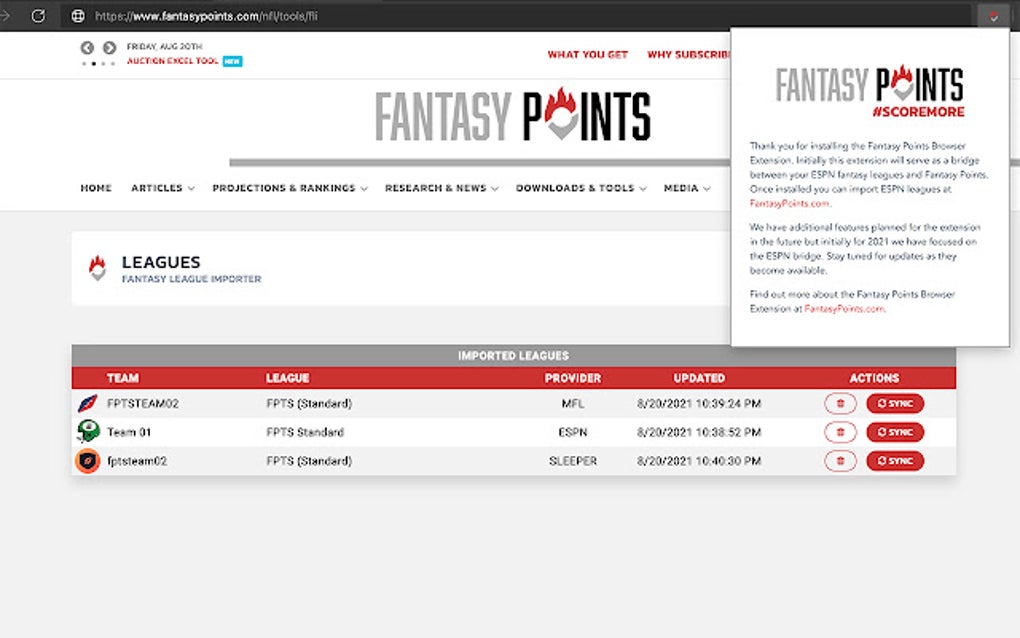 Fantasy Points Browser Extension para Google Chrome - Extensión Descargar