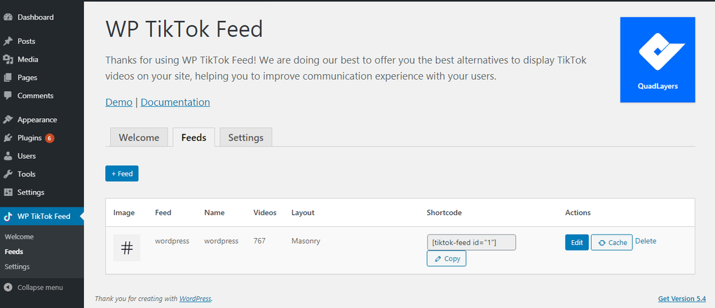 QuadLayers TikTok Feed para WordPress - Descargar
