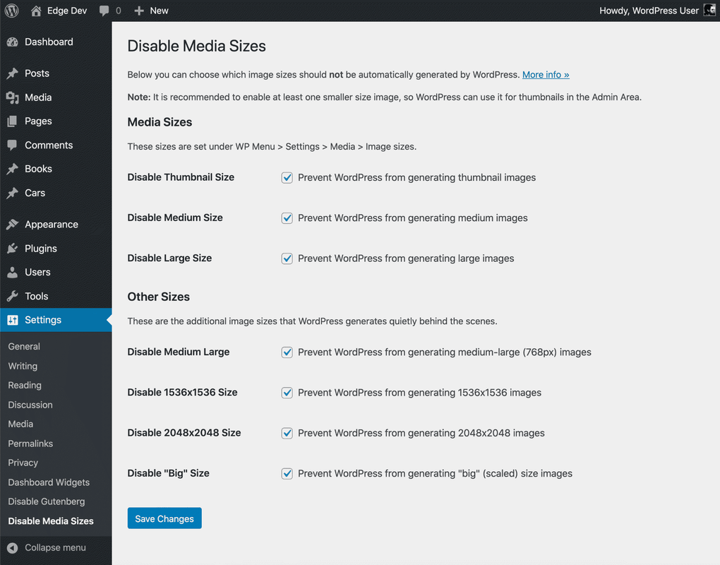 WordPress 용 Disable Media Sizes - 다운로드