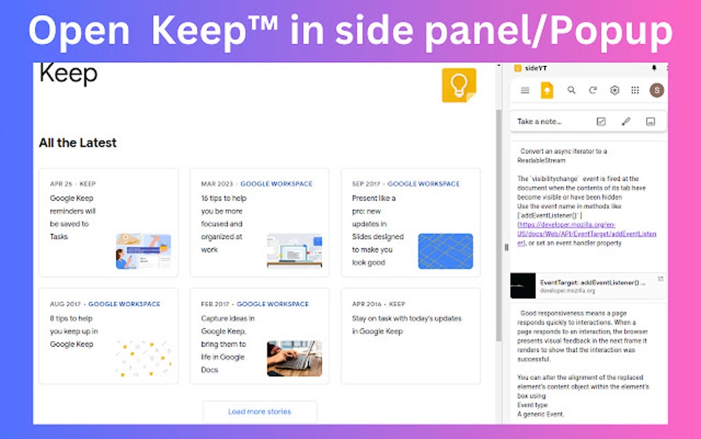 sideKeep - open Keep in side panel/popup Google Chrome 용 - 확장 프로그램 다운로드