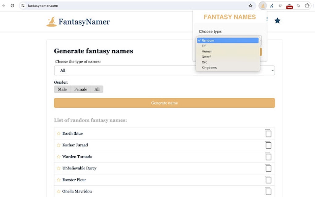 Fantasy name generator for Google Chrome - Extension Download