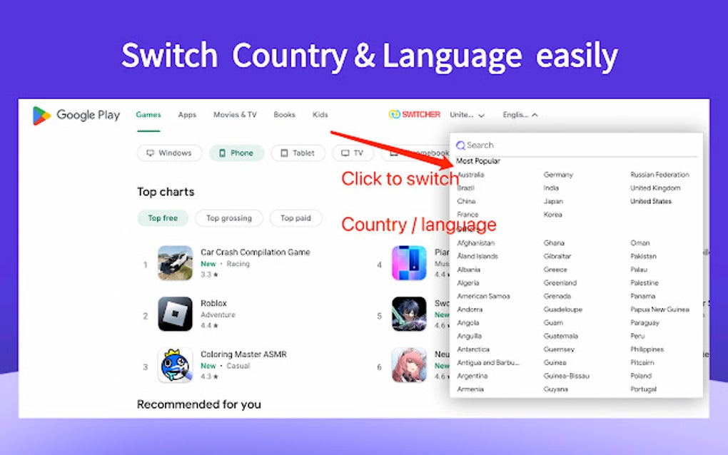 Country&Language switcher For Play Store for Google Chrome - Extension Download