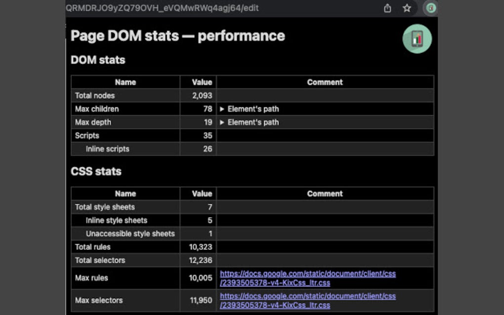 Page DOM Stats for Google Chrome - Extension Download