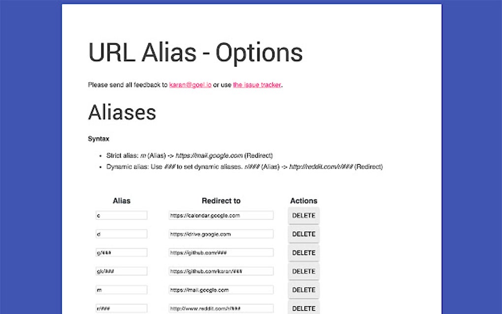 URL Alias для Google Chrome - Расширение Скачать