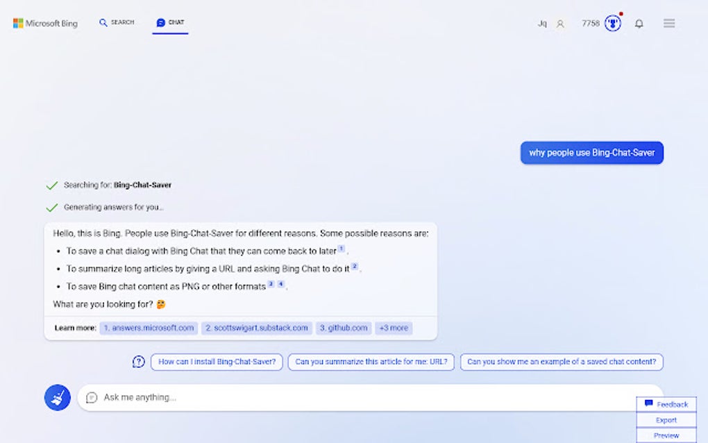 Bing Chat saver Google Chrome 용 - 확장 프로그램 다운로드