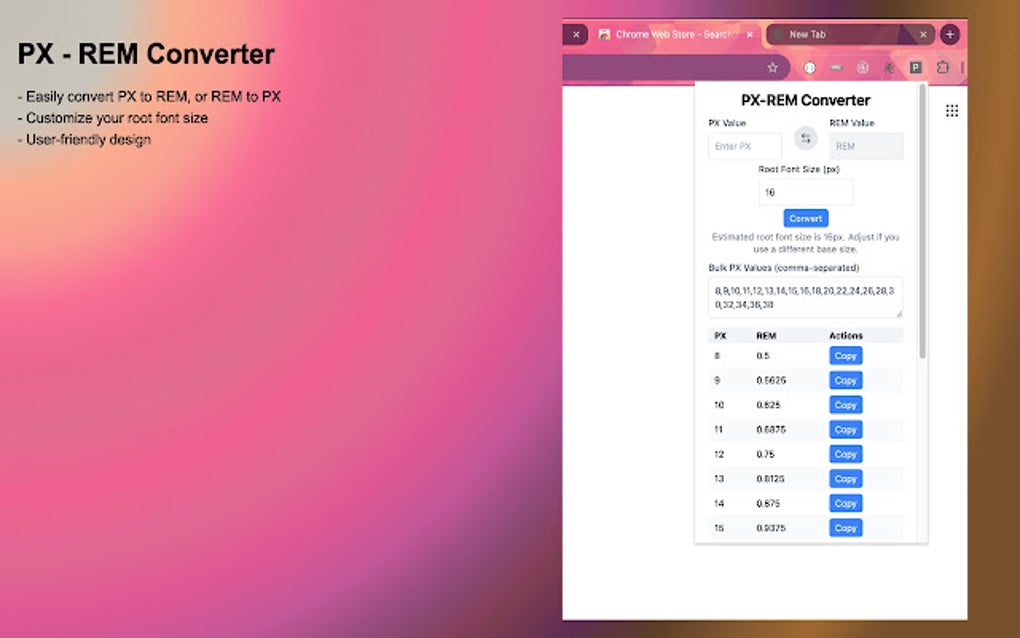 PX-REM Converter para Google Chrome - Extensión Descargar