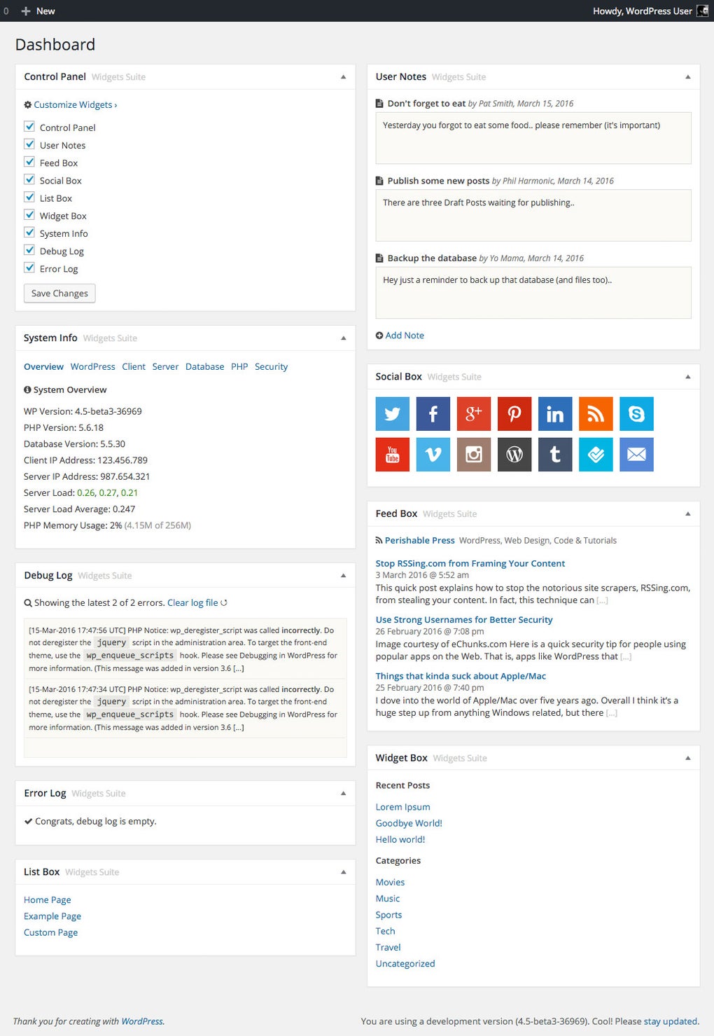 Dashboard Widgets Suite para WordPress - Descargar