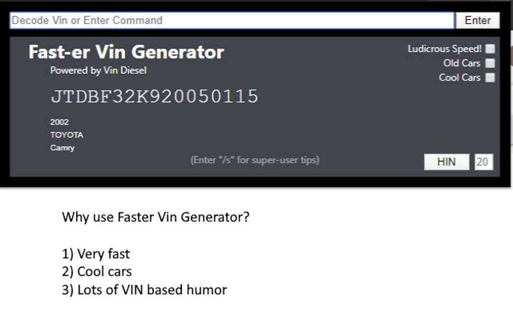 Faster Vin Generator para Google Chrome - Extensión Descargar