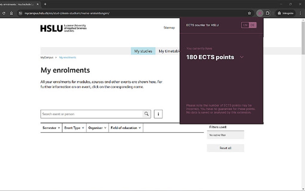 ECTS counter for HSLU for Google Chrome - Extension Download