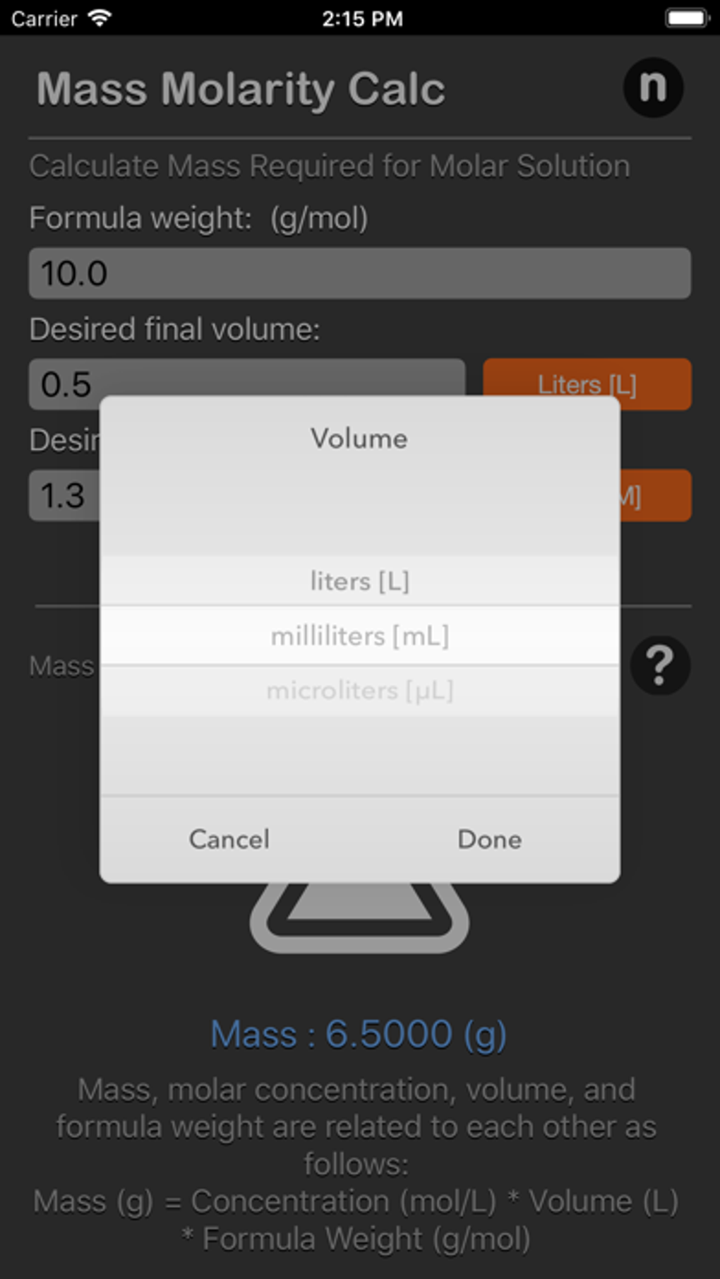 Mass Molarity Calculator para iPhone - Descargar