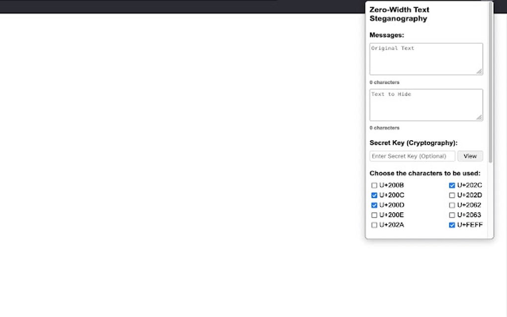 ZWCS - Zero-Width Characters Steganography para Google Chrome - Extensión Descargar