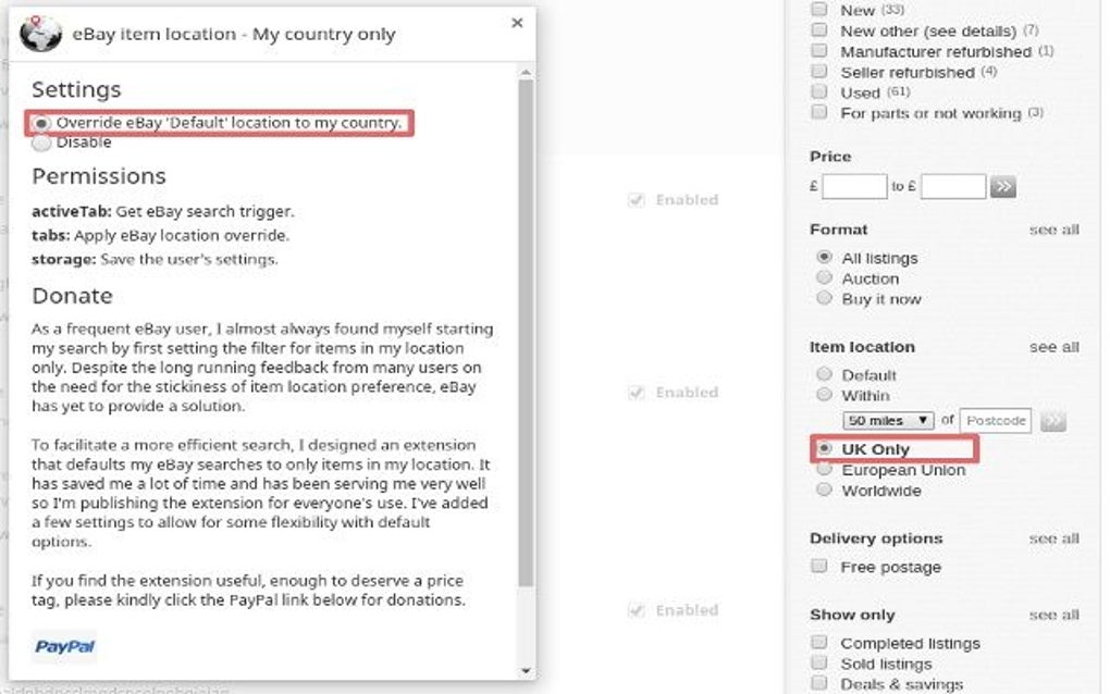 Set eBay default search parameters para Google Chrome - Extensión Descargar