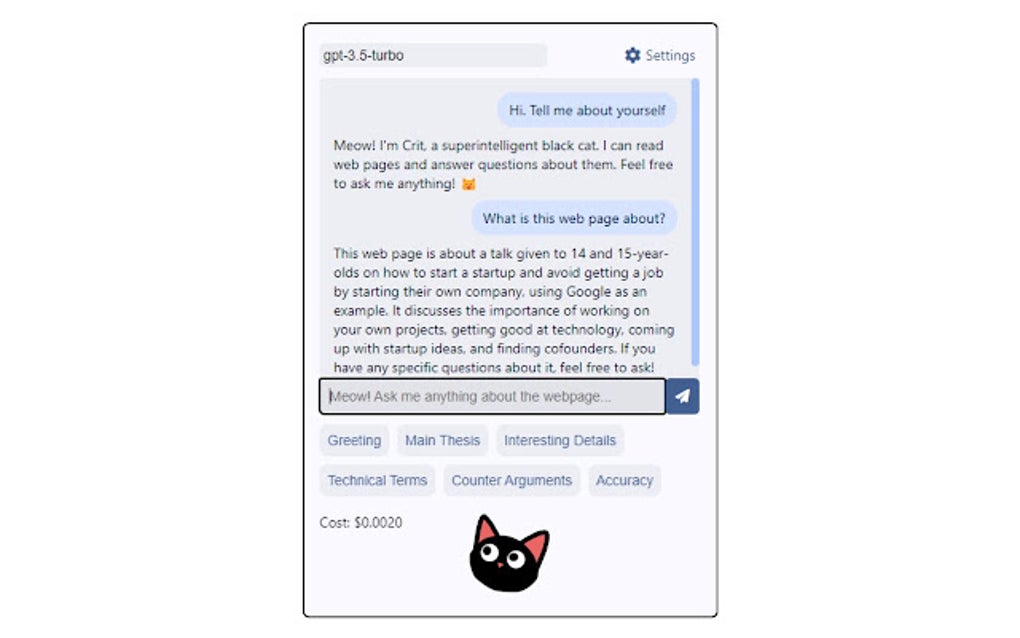 Crit Cat: Cat-infected GPT assistant para Google Chrome - Extensión Descargar