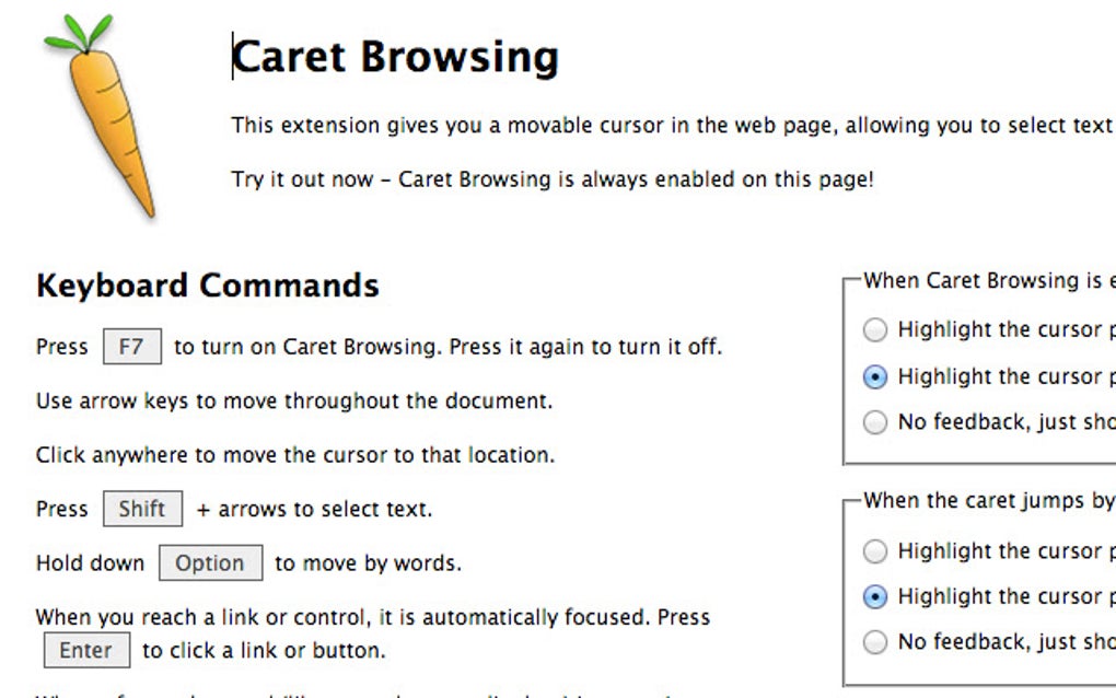 Caret Browsing pour Google Chrome - Extension Télécharger