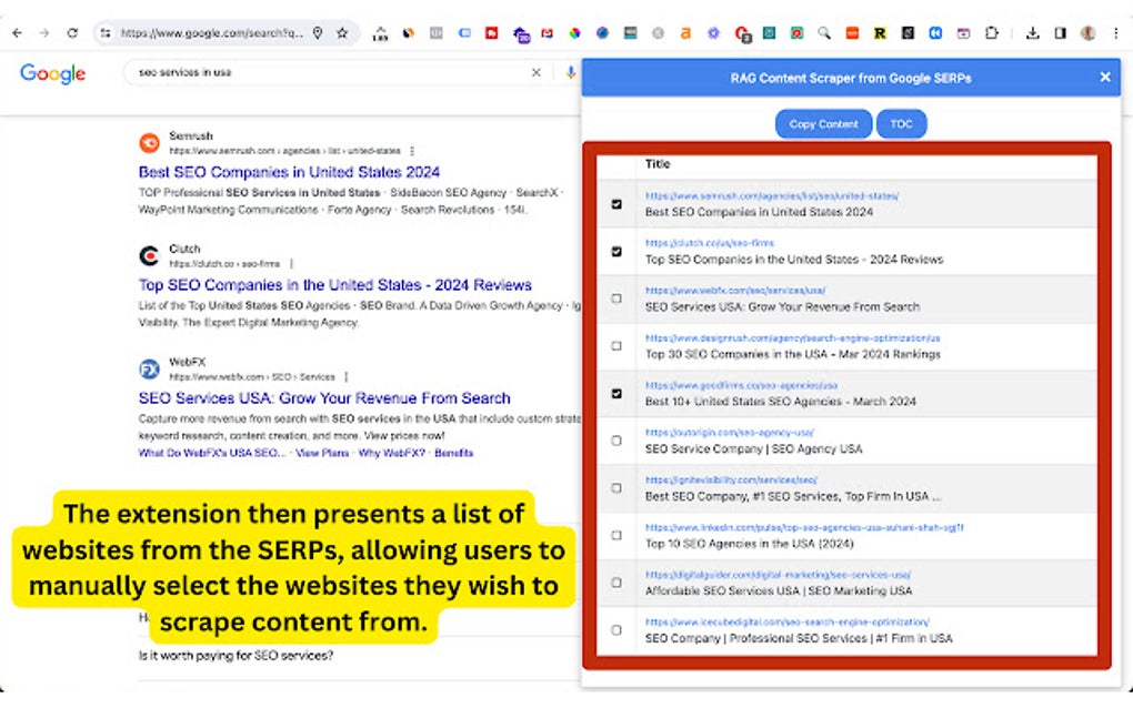 RAG Content Scraper from Google SERPs สำหรับ Google Chrome - ส่วนขยาย ดาวน์โหลด