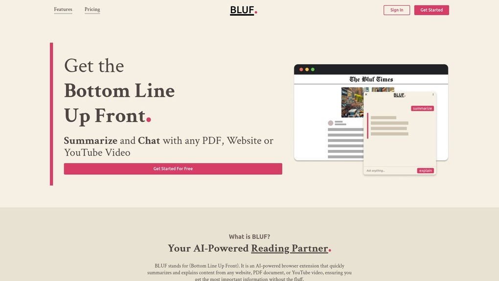 BLUF for AI Text summarizer: review, features & use cases