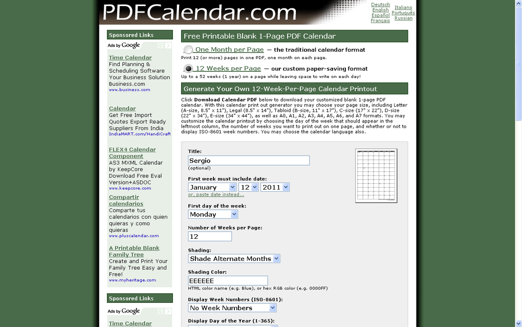 PDFCalendar.com Online